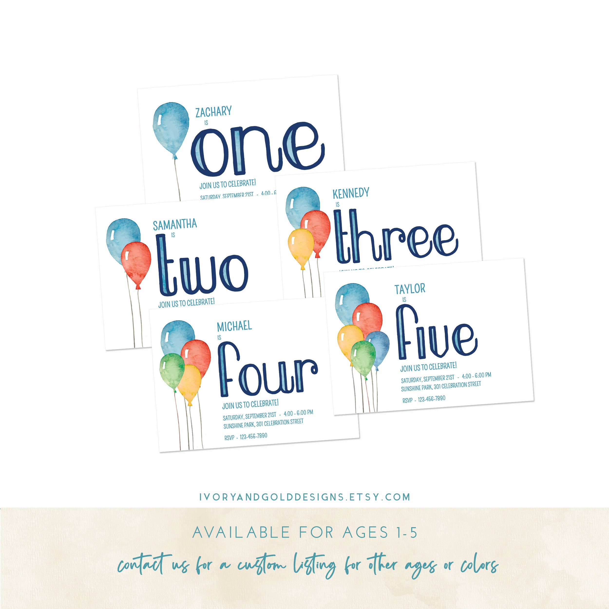Editable Balloon Invitation 5th Birthday Party Fifth Blue Red Green ...