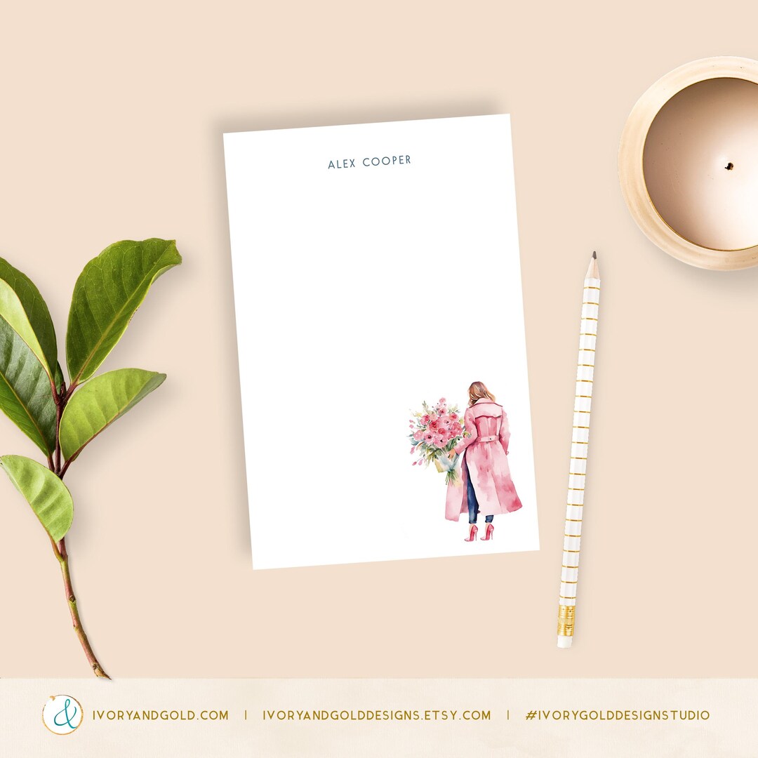 Personalized Girl Notepad - Fashionable Pink Overcoat Woman W Flowers ...