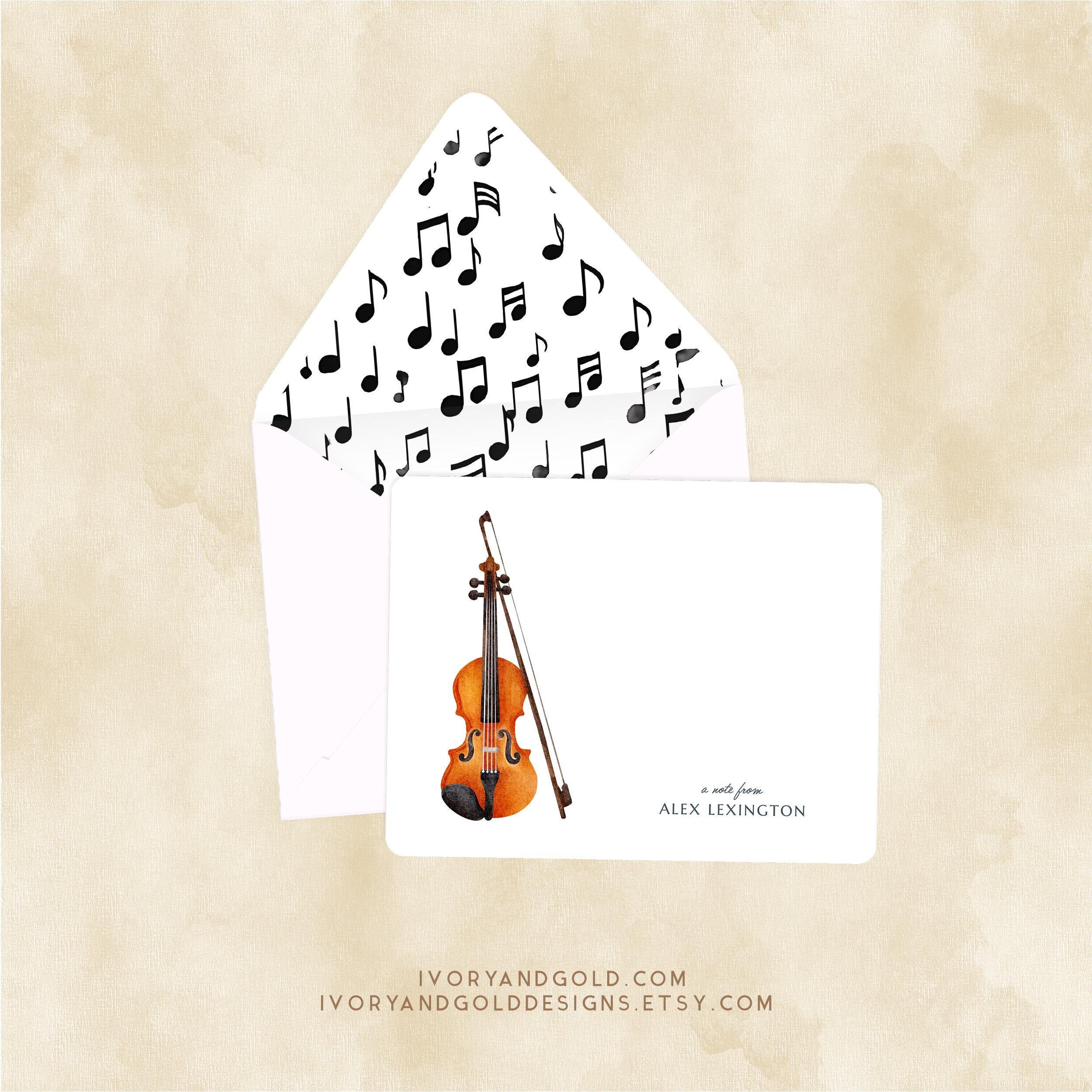 Personalized Music Stationery - Violin Note Card With Envelopes ...