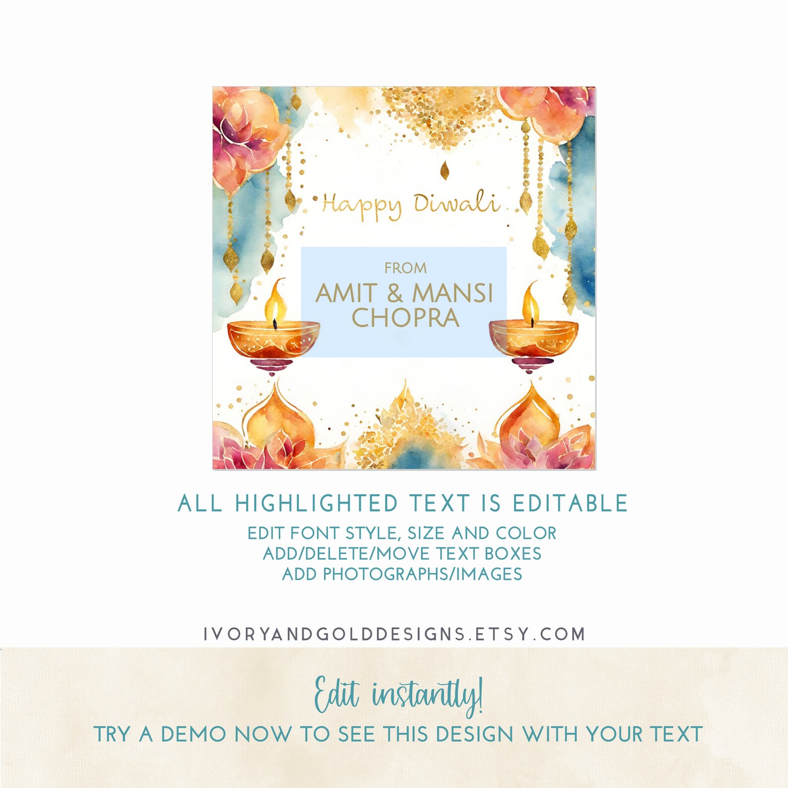 Diwali Gift Tag Watercolor Indian Desi Hindu Festival Colorful Rangoli ...