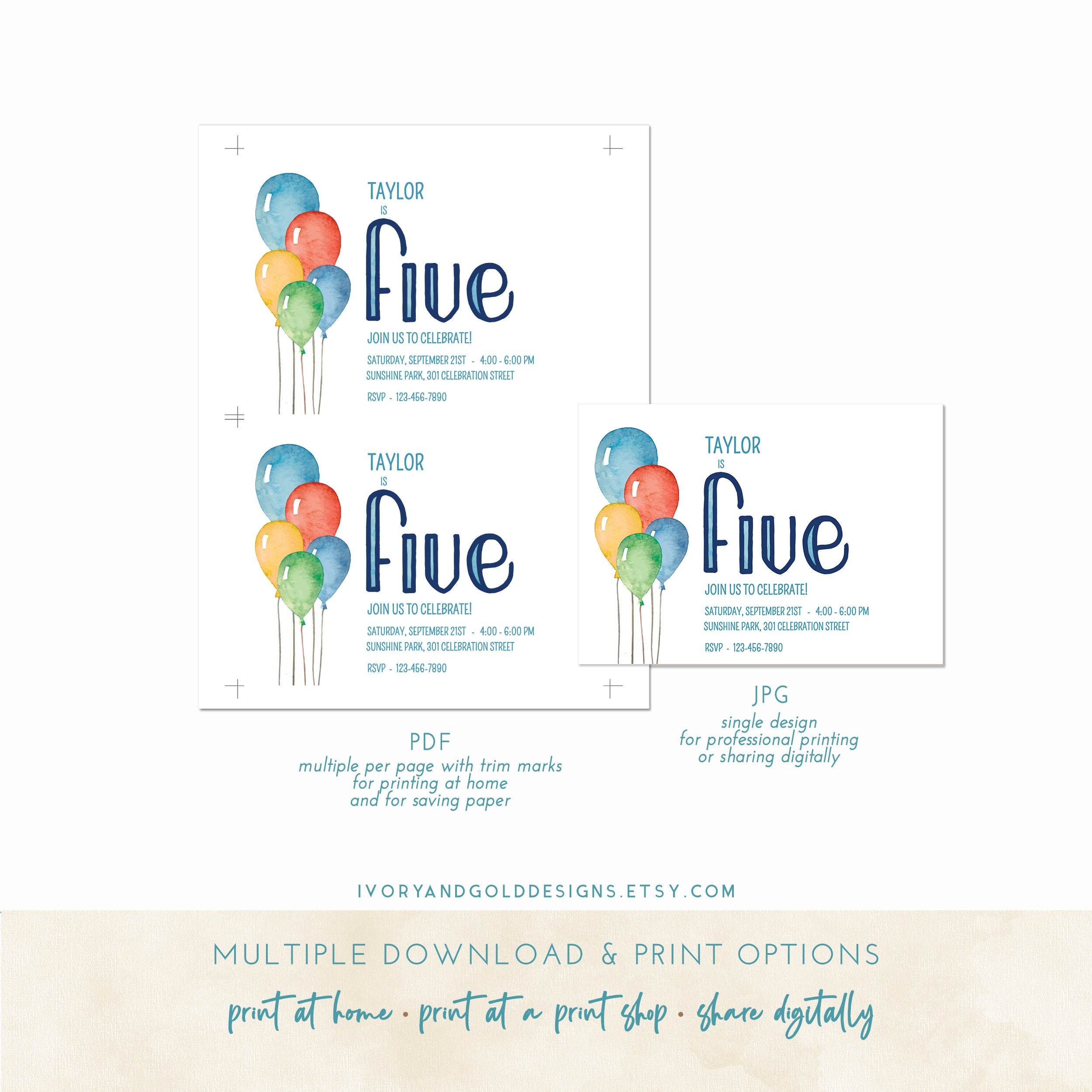 Editable Balloon Invitation 5th Birthday Party Fifth Blue Red Green ...