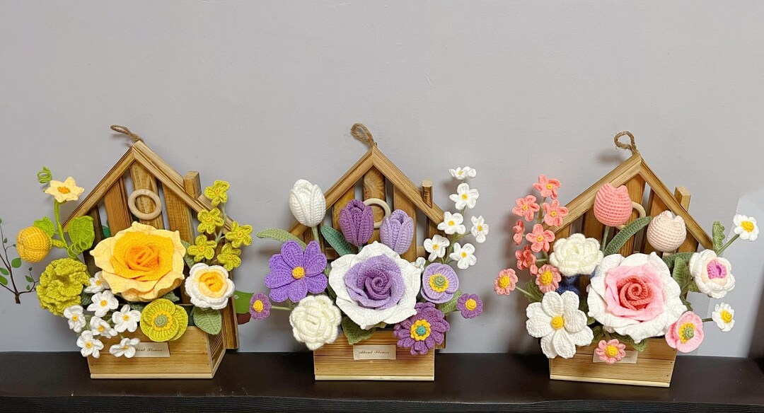 Crochet Rose Basket, Crochet Rose Flower Basket, Handmade Rose Flower ...