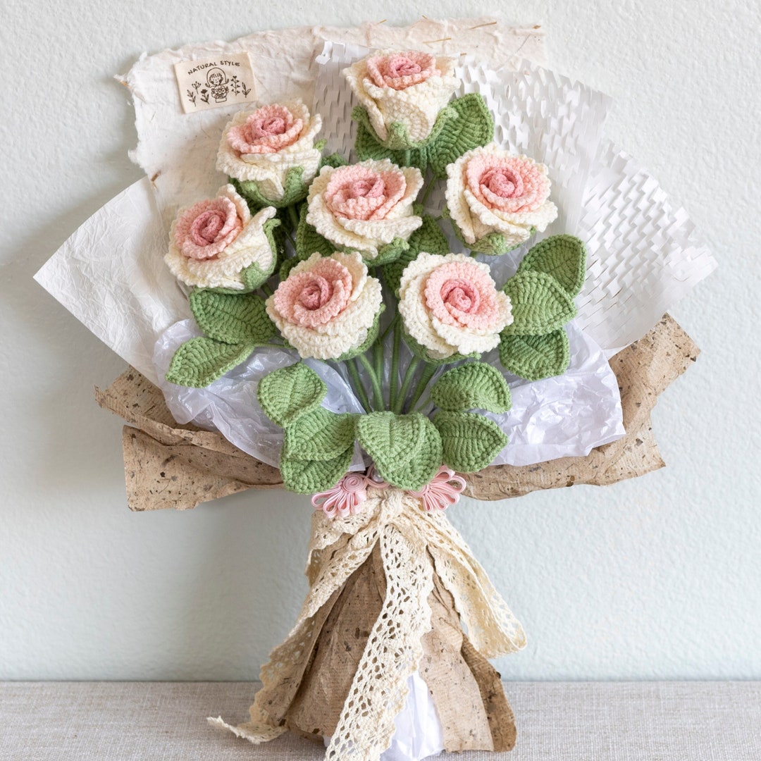 Handmade Rose Flowers Bouquet, Crochet Rose Flower Bouquet, Rose ...