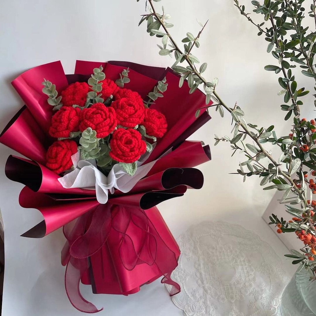 Handmade Rose Flowers Bouquet, Crochet Flower Bouquet, Bouquet for ...