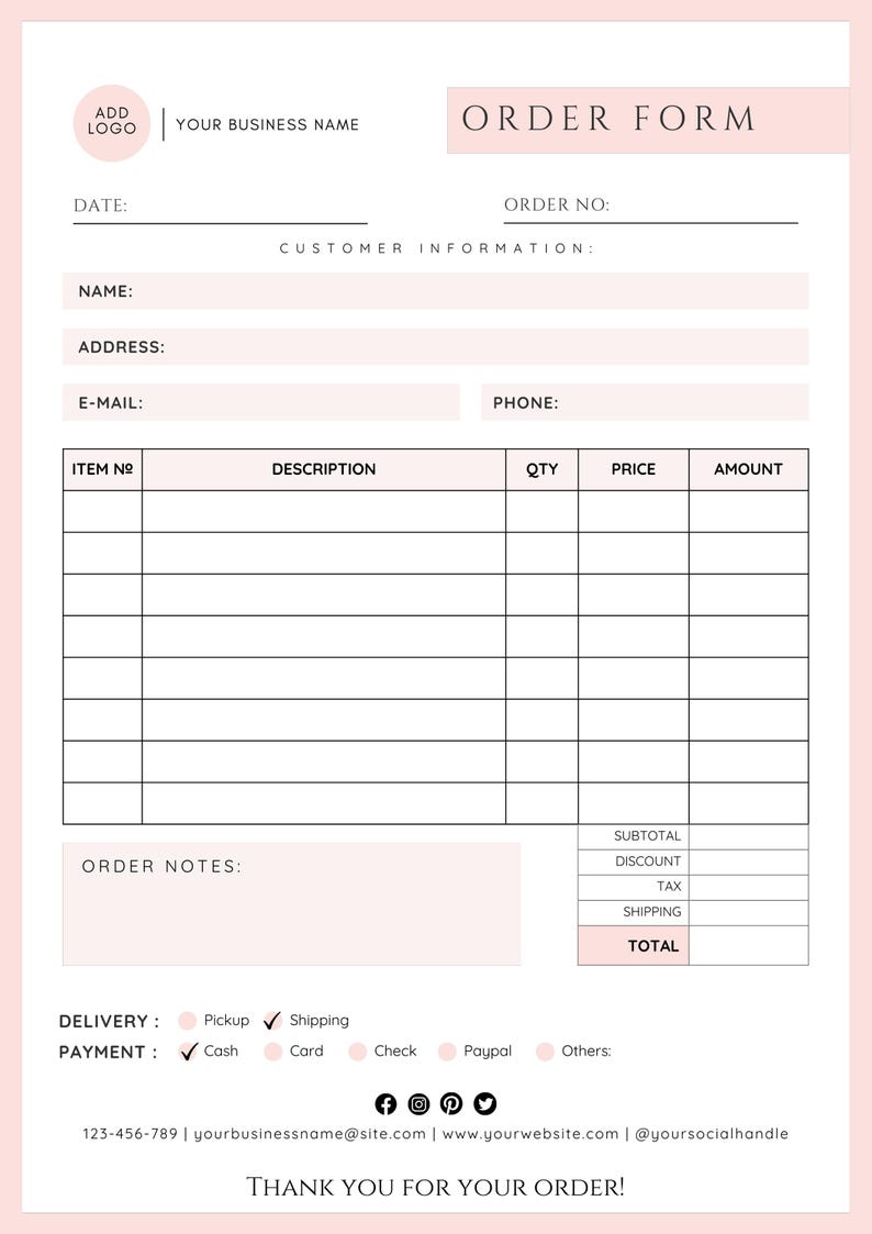 Editable Order Form Template | Small Business Canva Design (digital ...