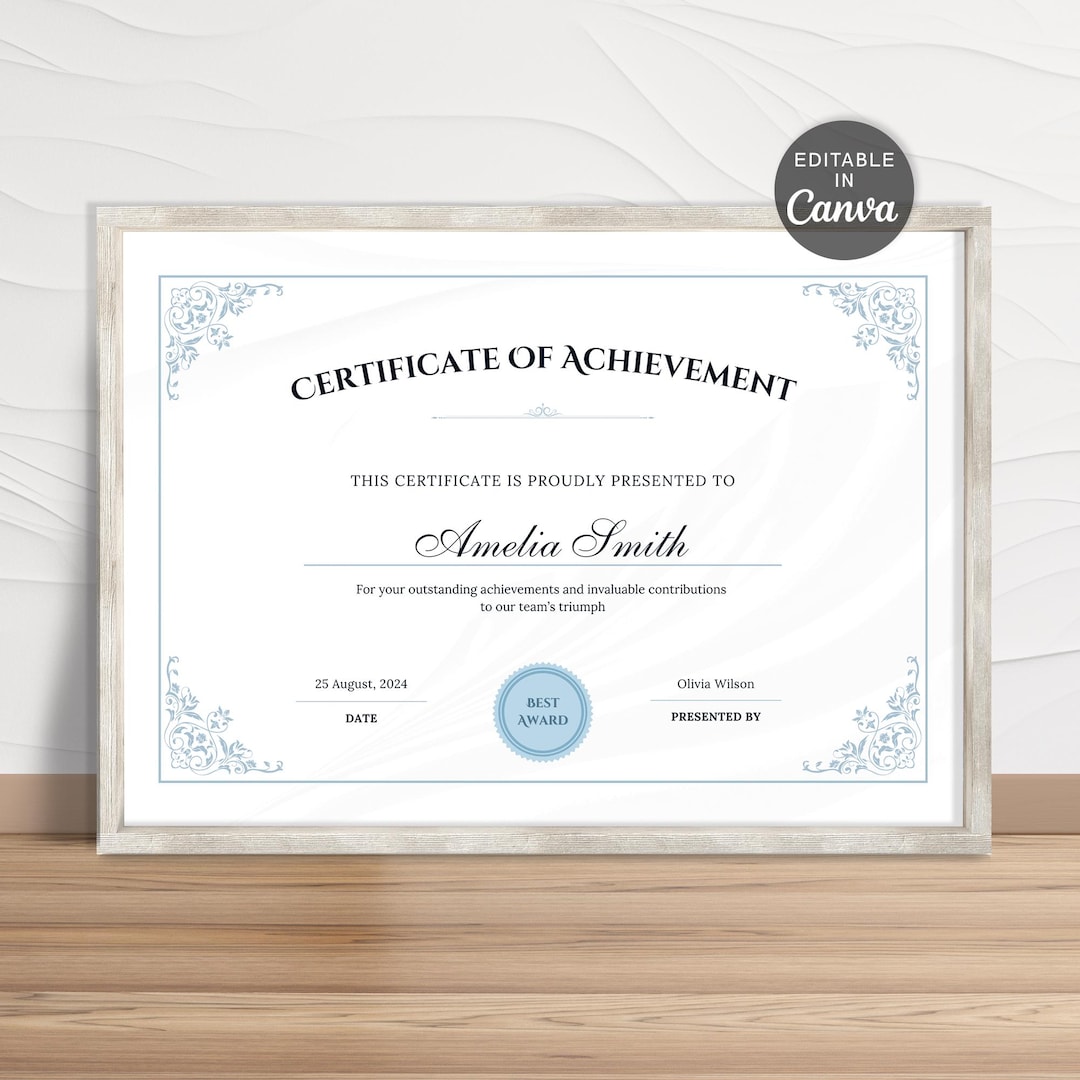 Certificate of Achievement Template, Customizable Award, Printable ...