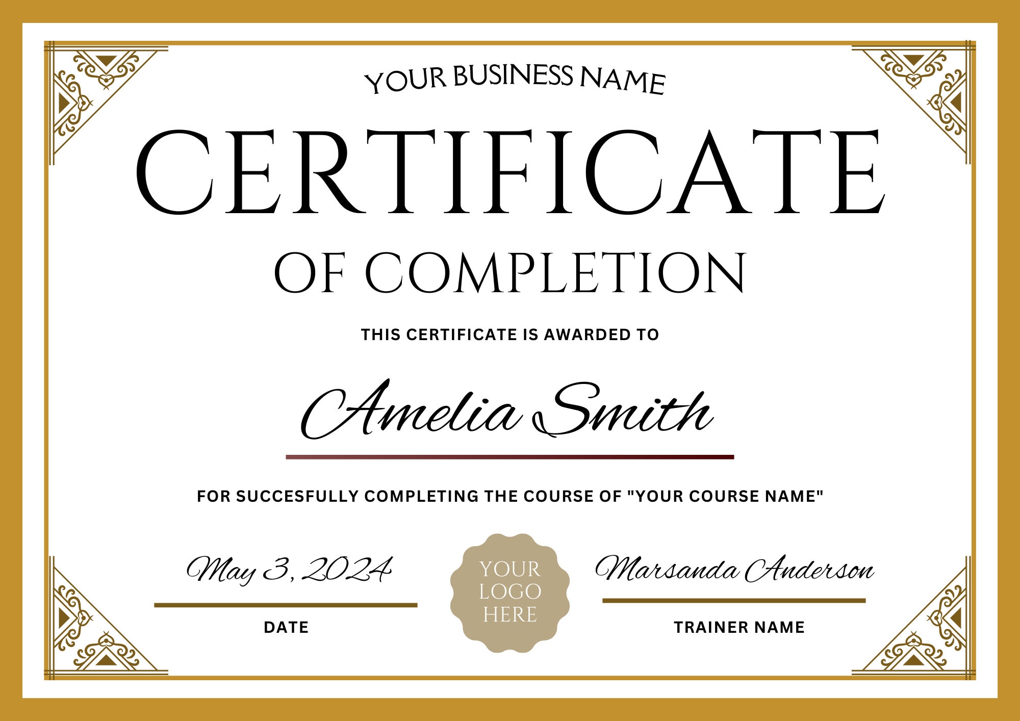 Certificate of Completion Template, Printable Course Certificate of ...