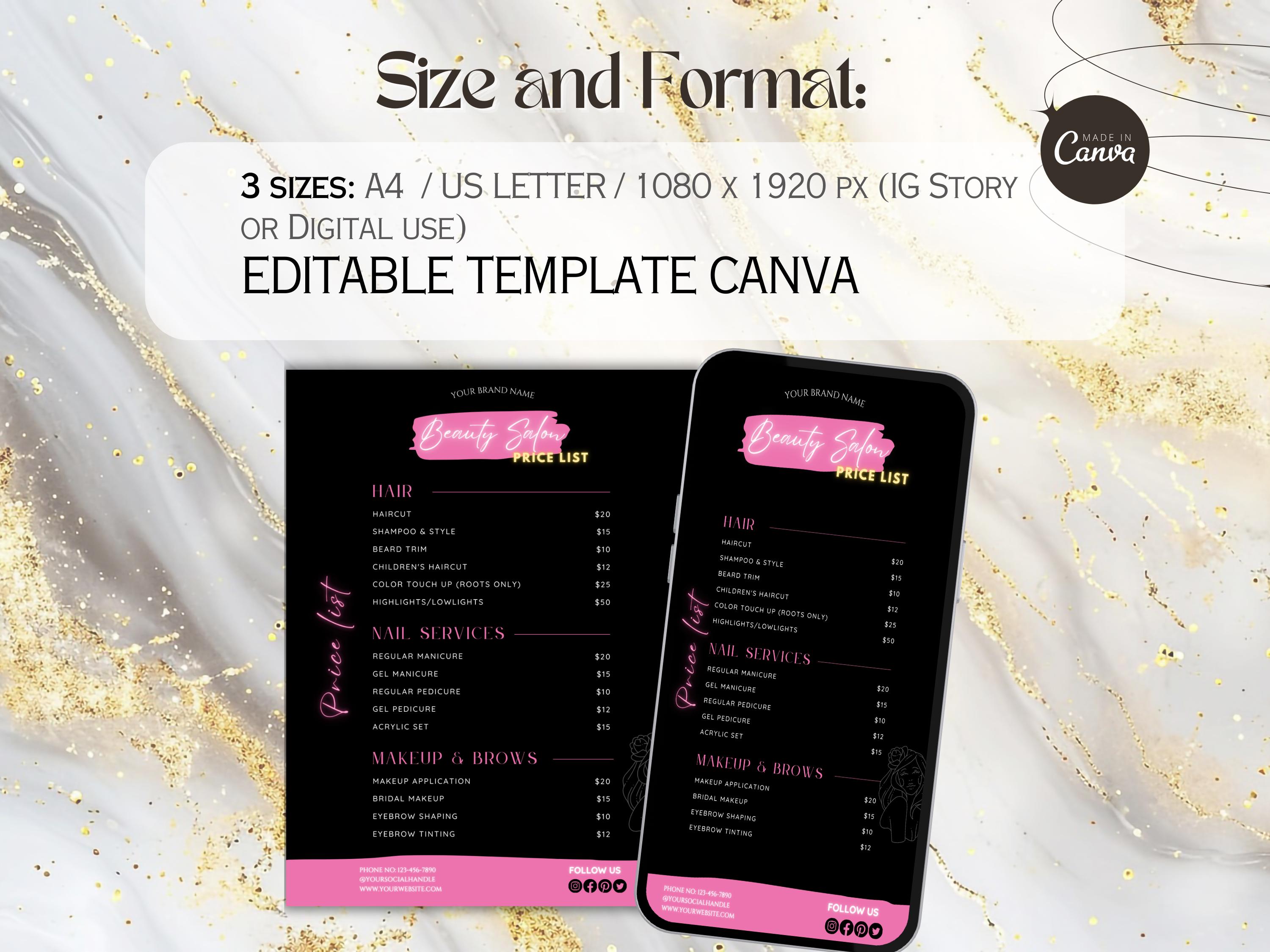 Editable Beauty Salon Price List Template, DIY Canva Design - Etsy