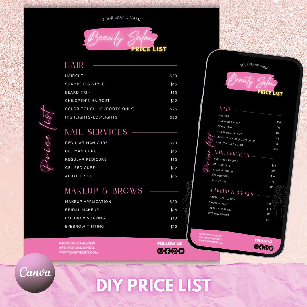 Editable Beauty Salon Price List Template, DIY Canva Design - Etsy