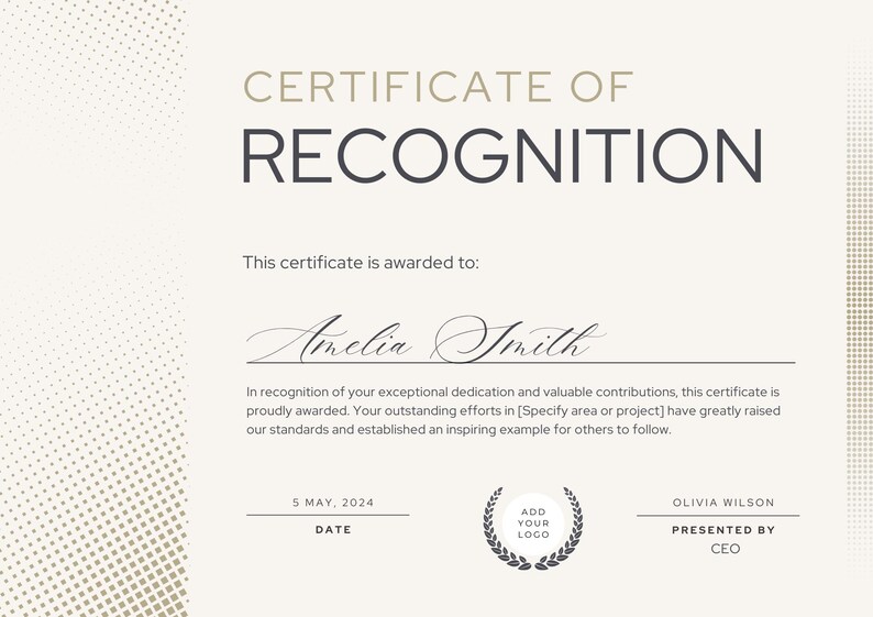 Certificate of Recognition Template Canva | Editable Recognition Template | Editable Certificate ...