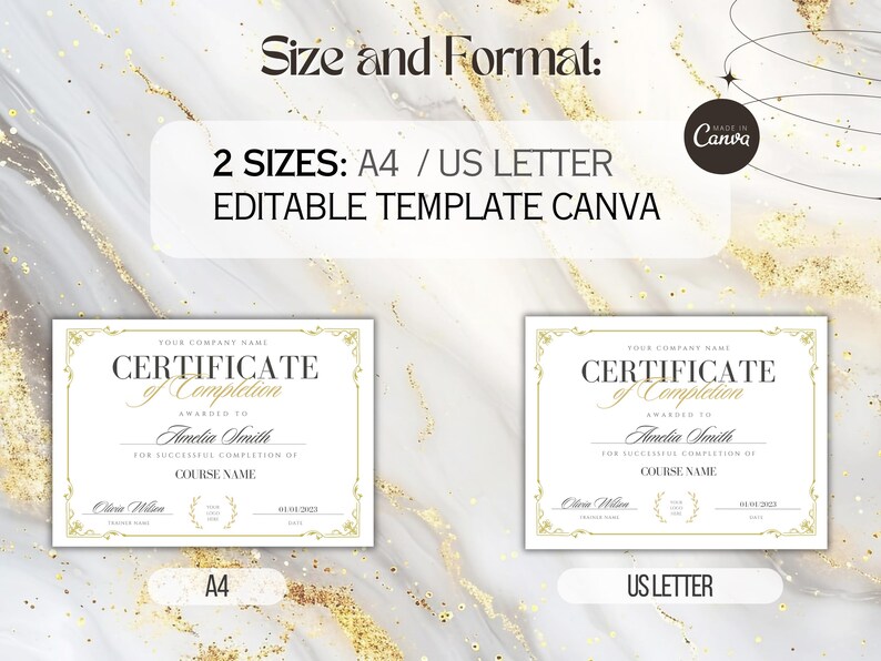 Gold Certificate of Completion Template, Editable in Canva - Etsy