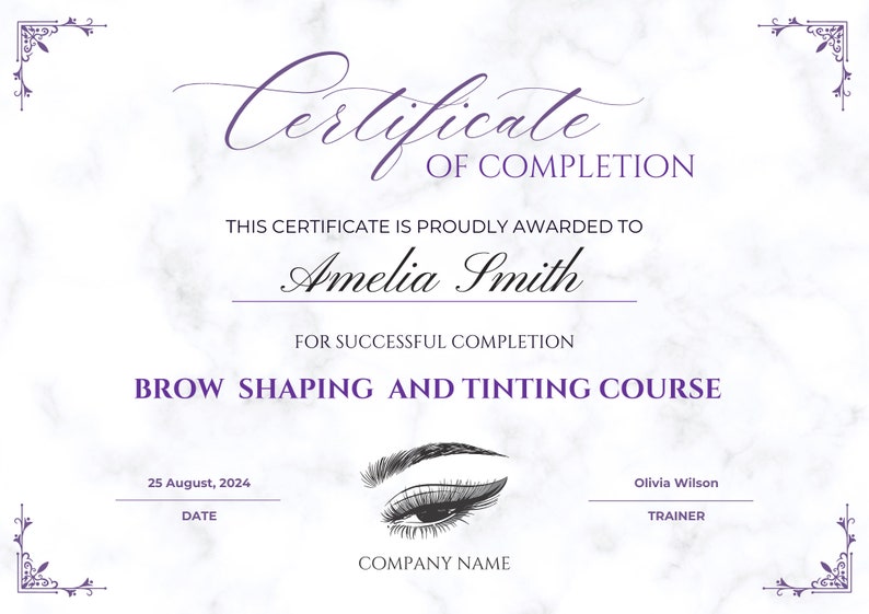 Brow Shaping Certificate Template, Printable Completion Award (instant ...