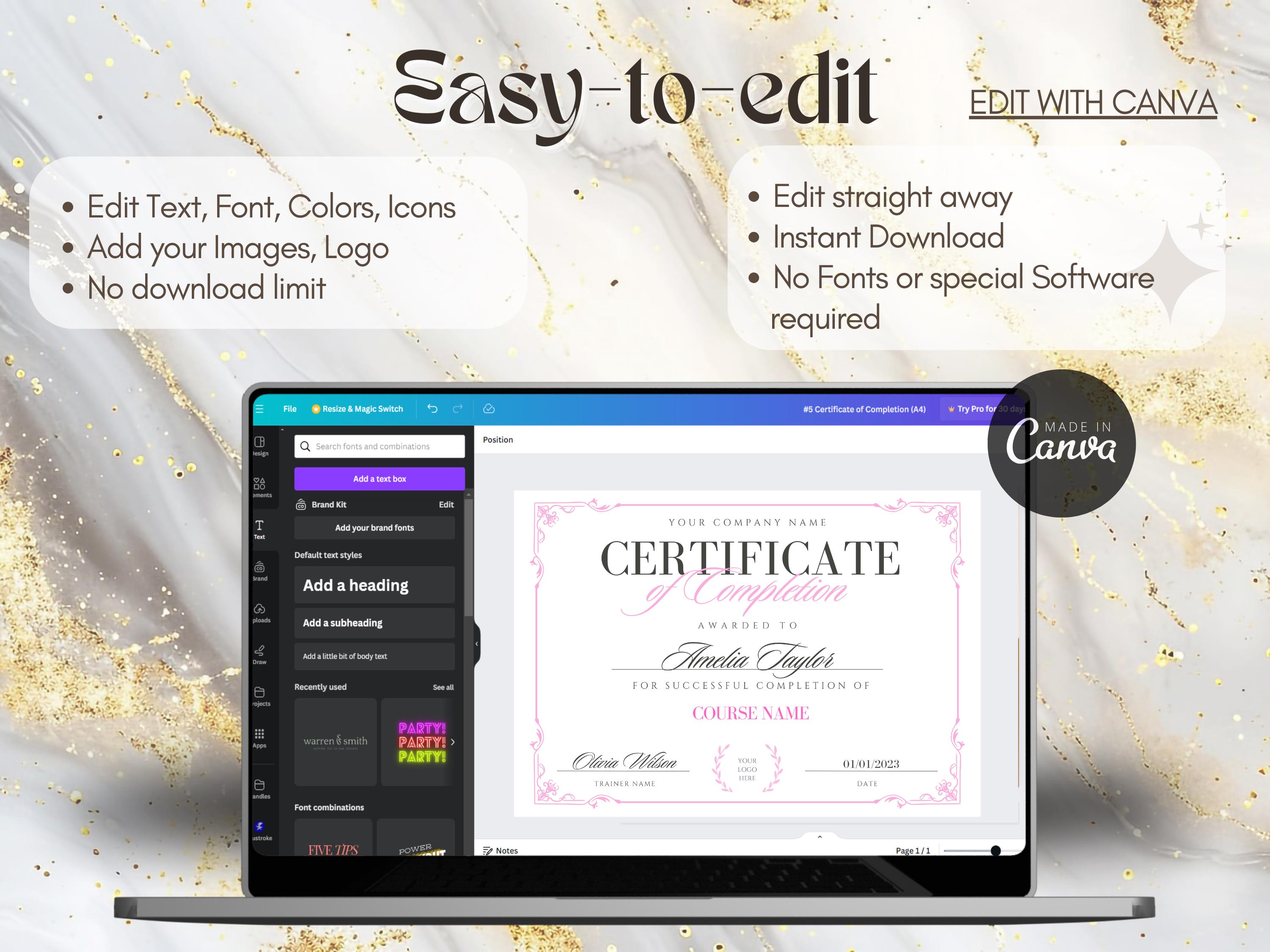 Pink Certificate of Completion Template, Editable Training Award (canva ...