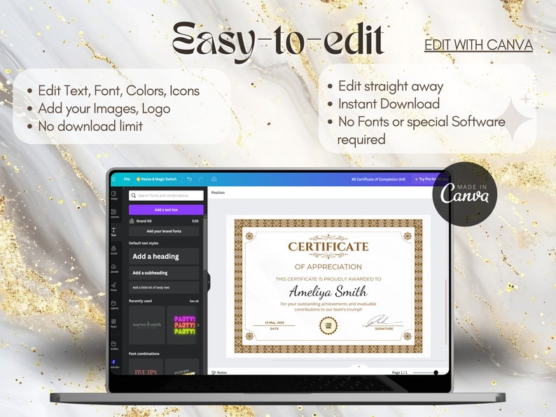 Editable Certificate Template, Printable Award, Canva Design - Etsy