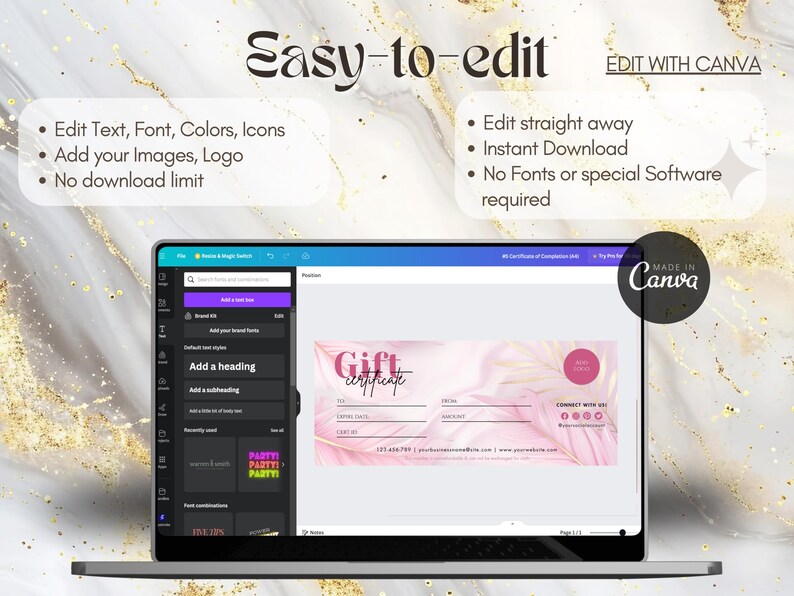 DIY Gift Certificate Template, Add Logo, Editable Gift Voucher (canva ...