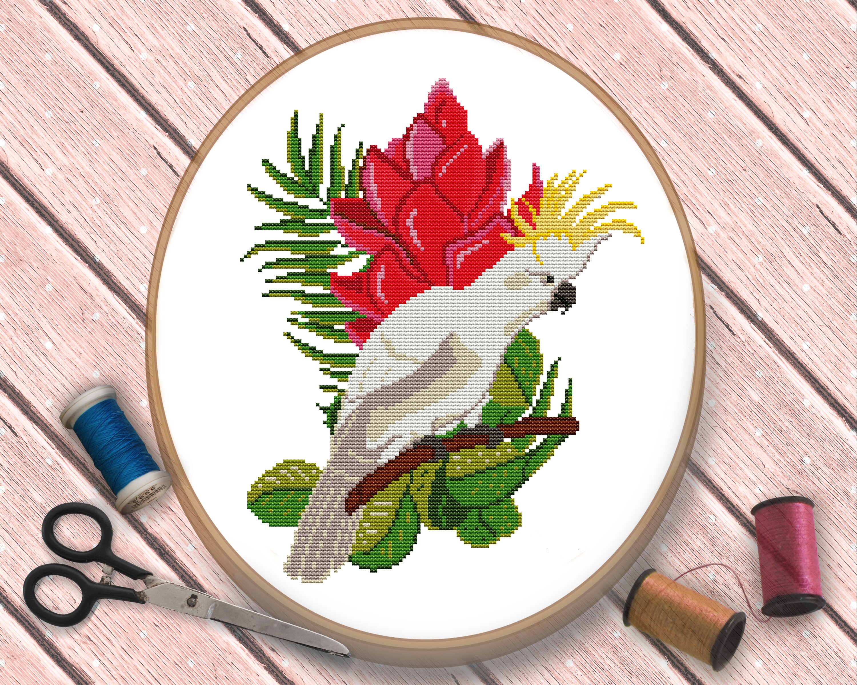 Parrot Cross Stitch Pattern, Floral Cross Stitch, Bird Cross Stitch ...