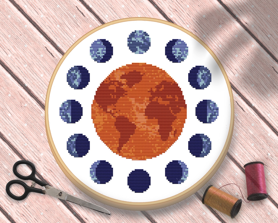 Moon Phases Cross Stitch Pattern Earth Cross Stitch Pattern | Etsy