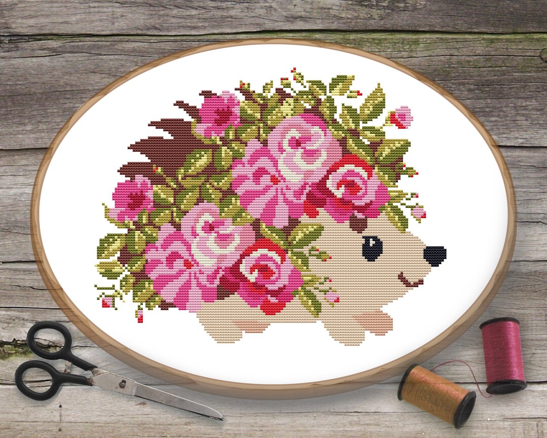 Hedgehog Cross Stitch Pattern, Floral Cross Stitch, Cute Cross Stitch ...