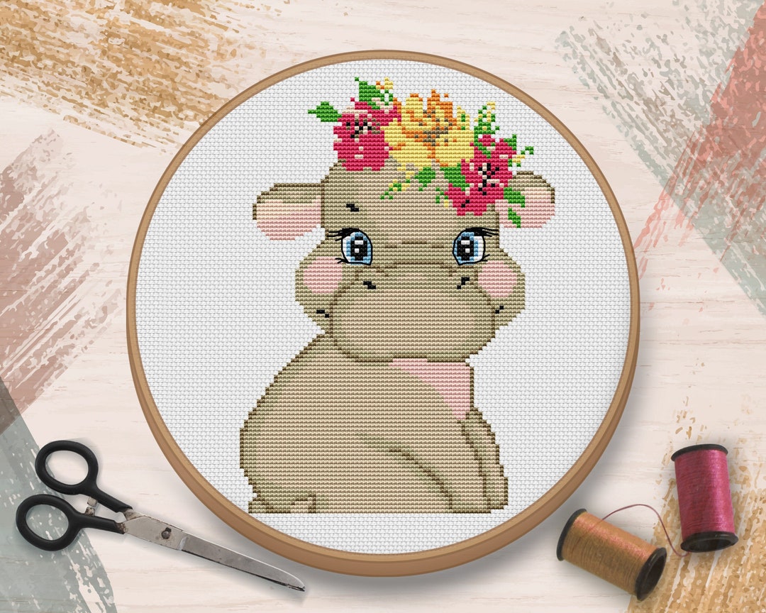 Hippopotamus Baby Cross Stitch Pattern. Nursery Cross Stitch Pattern PDF. Baby Animals Funny ...