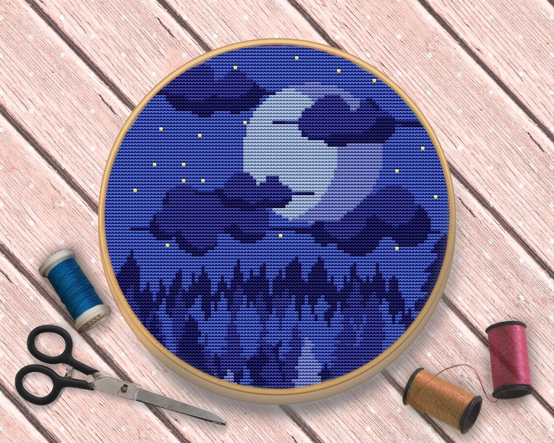 Moon Cross Stitch Pattern PDF Landscape Modern Cross Stitch | Etsy