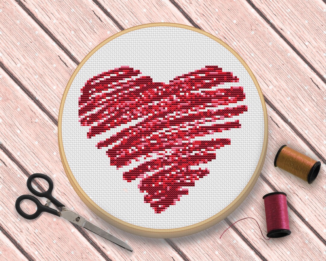 Heart Crayon Drawing Cross Stitch Pattern, Modern Cross Stitch Chart ...