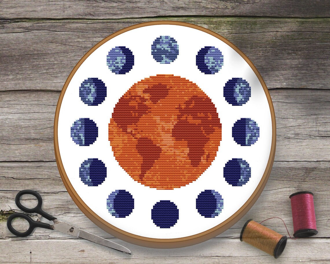 Moon Phases Cross Stitch Pattern Earth Cross Stitch Pattern | Etsy