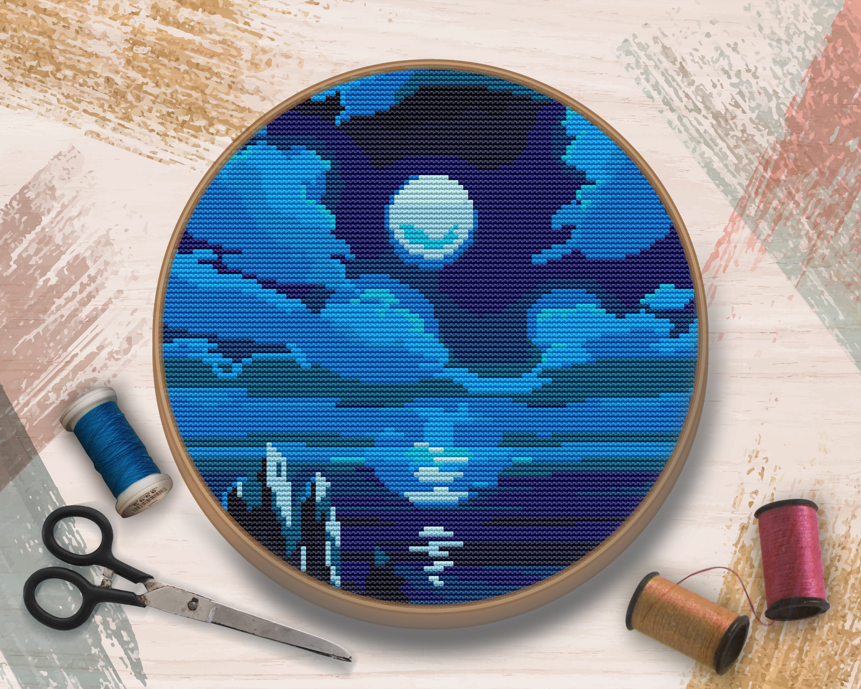 Moon Cross Stitch Pattern PDF Landscape Modern Cross Stitch | Etsy