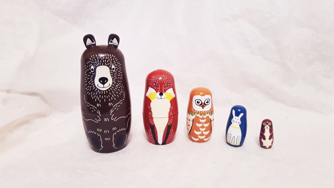 Set of 5 Hand Painted Wooden Russian Dolls, Consists of a Bear, Fox ...