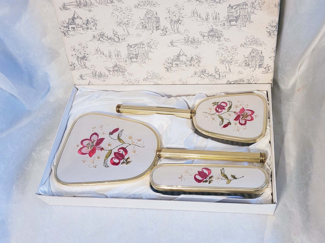Boxed Vintage 3 Piece Gold Vanity Set With Pretty Embroidered Floral ...