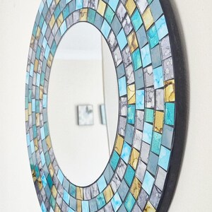Round Mosaic Wall Mirror, Teal and Gold Brushed Style, Hand Made in ...