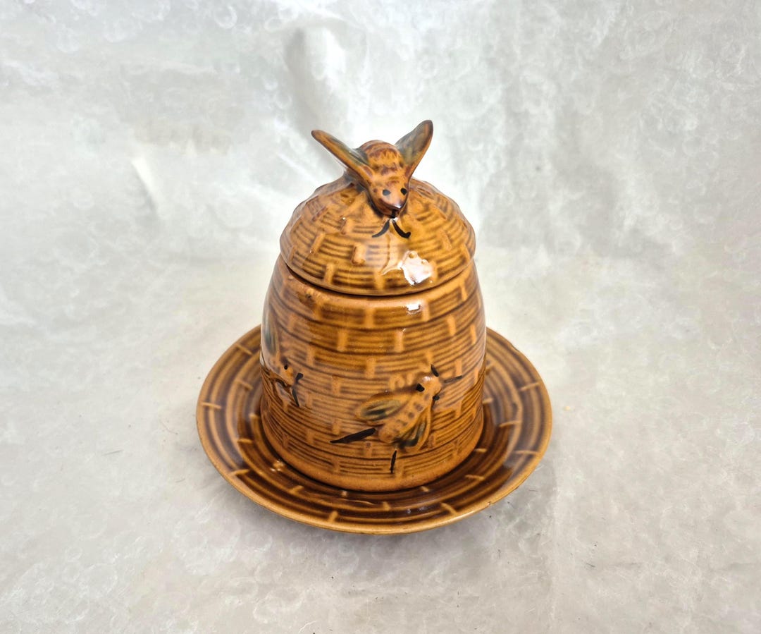 Vintage Ceramic Beehive Honey Pot With Saucer, Light Brown Decor, 1970s ...