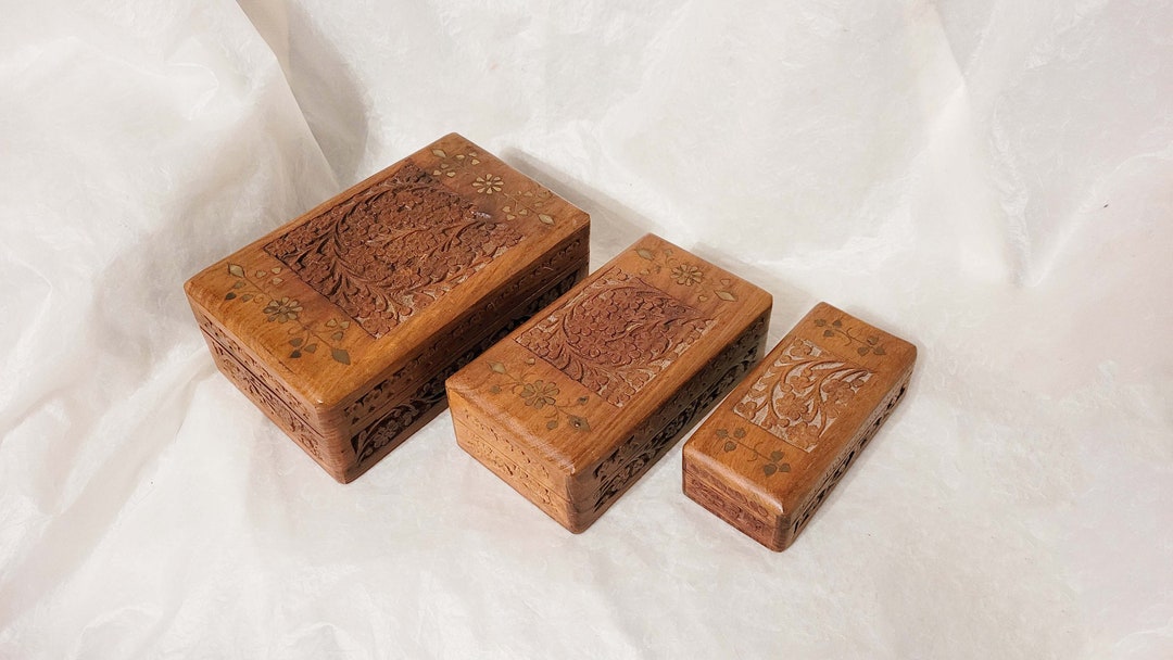 Vintage Hand Carved Nesting Boxes, Floral Brass Inlay, Indian Jewelry ...