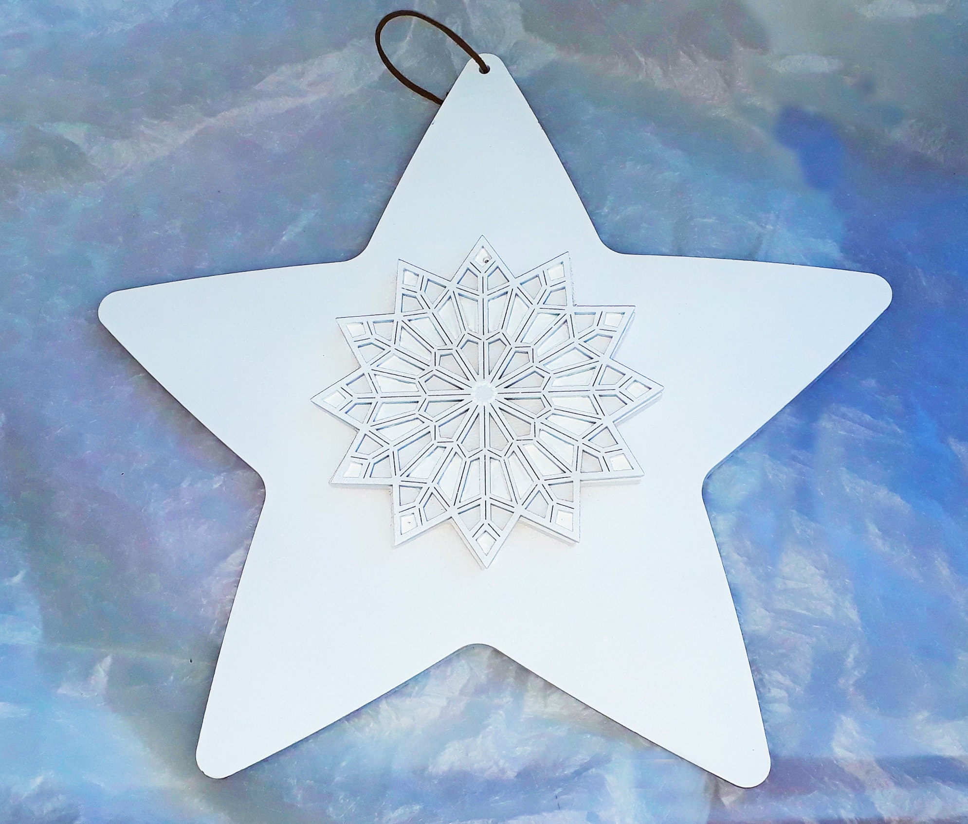 Wooden star wall art hand painted in white with a decorative | Etsy