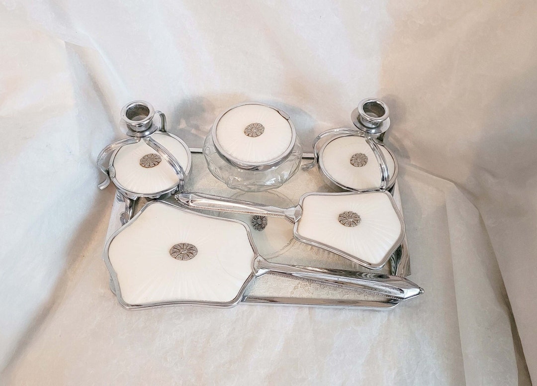 Vintage 50s Beige & Silver 6 Piece Vanity Set, Pretty Floral Design ...