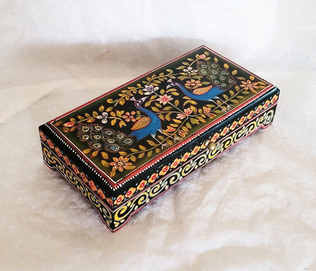 Large Rectangular Hand Painted Wooden Trinket Box From India, Decorated ...