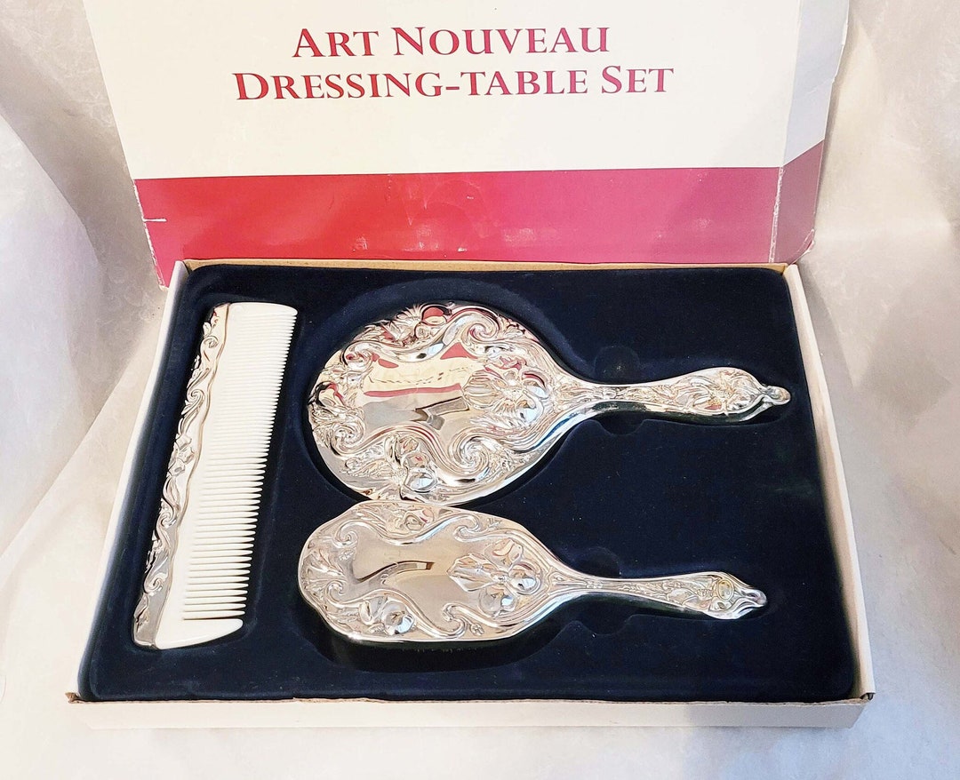 Vintage 3 Piece Boxed Silver Plated Vanity Set, Embellished With an ...