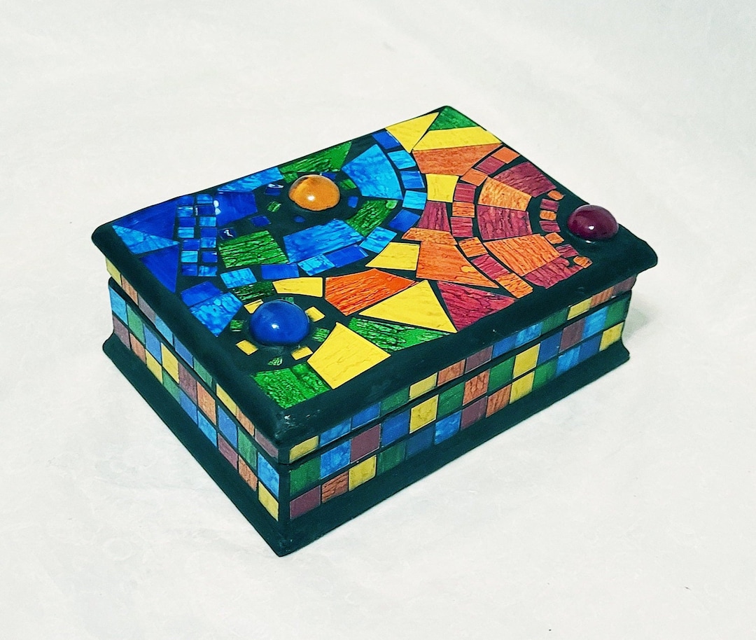 Large Handmade Vintage Style Mosaic Glass Trinket Box, Pretty Rainbow ...