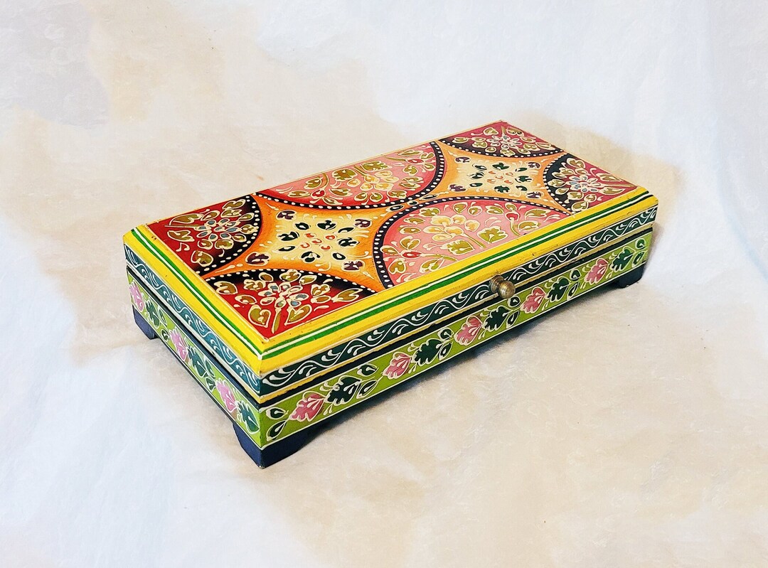 Large Rectangular Hand Painted Wooden Trinket Box From India, Decorated ...