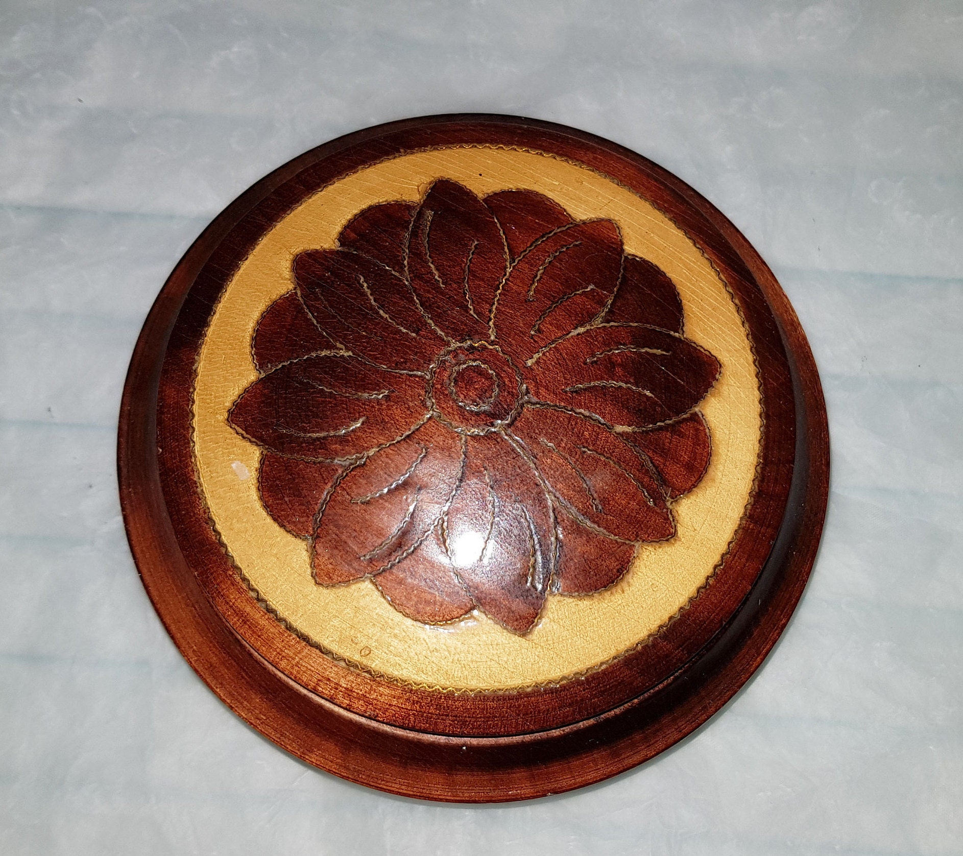 Hand Carved Wooden Trinket Box, Floral Brass Inlay, Made in Poland ...