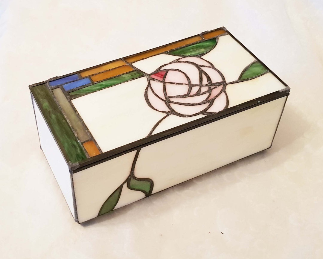 Large Vintage Rennie Mackintosh Stained Glass Trinket Box, Pretty Rose ...