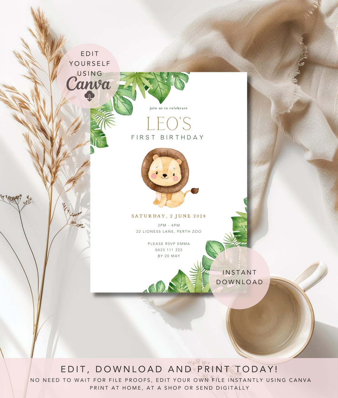 Lion Birthday Invitation, Safari Invite, Jungle Invitation, Lion Invite ...