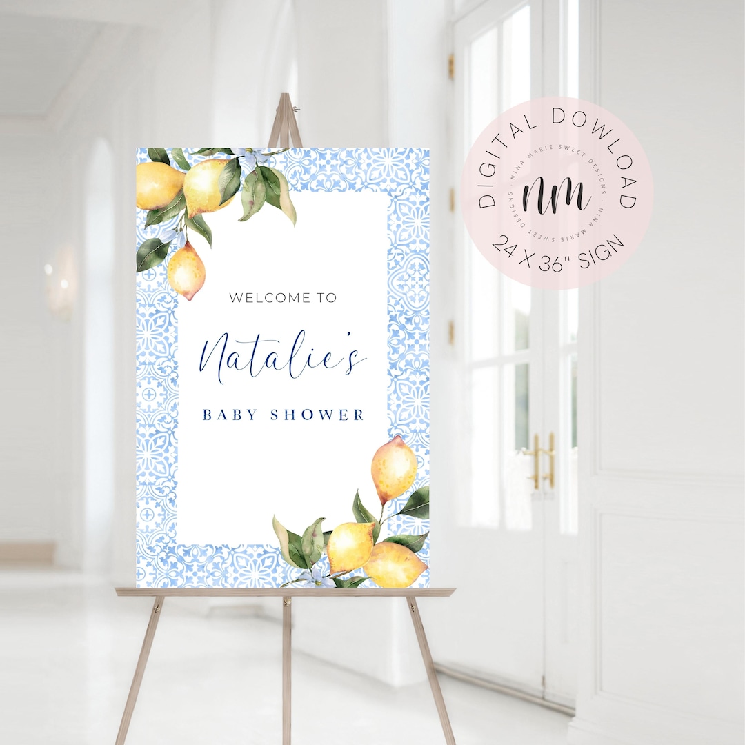 Amalfi Coast Welcome Sign, Lemons and Blue Tiles Sign, Baby Shower ...