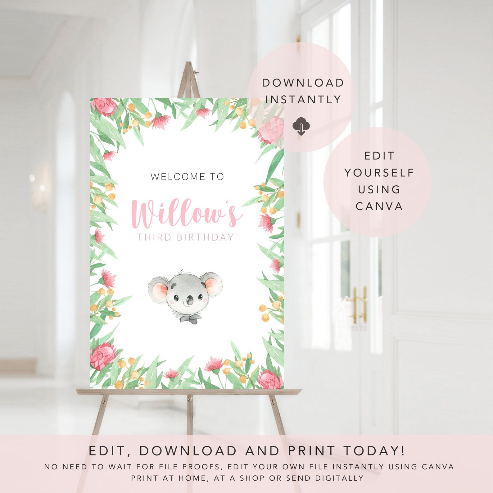 Pink Koala Australian Animal Welcome Sign, Digital Sign, Print Yourself ...