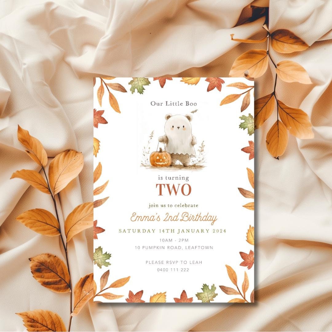 Our Little Boo is Turning Two Invitation, Fall Bear Invitation, Second ...
