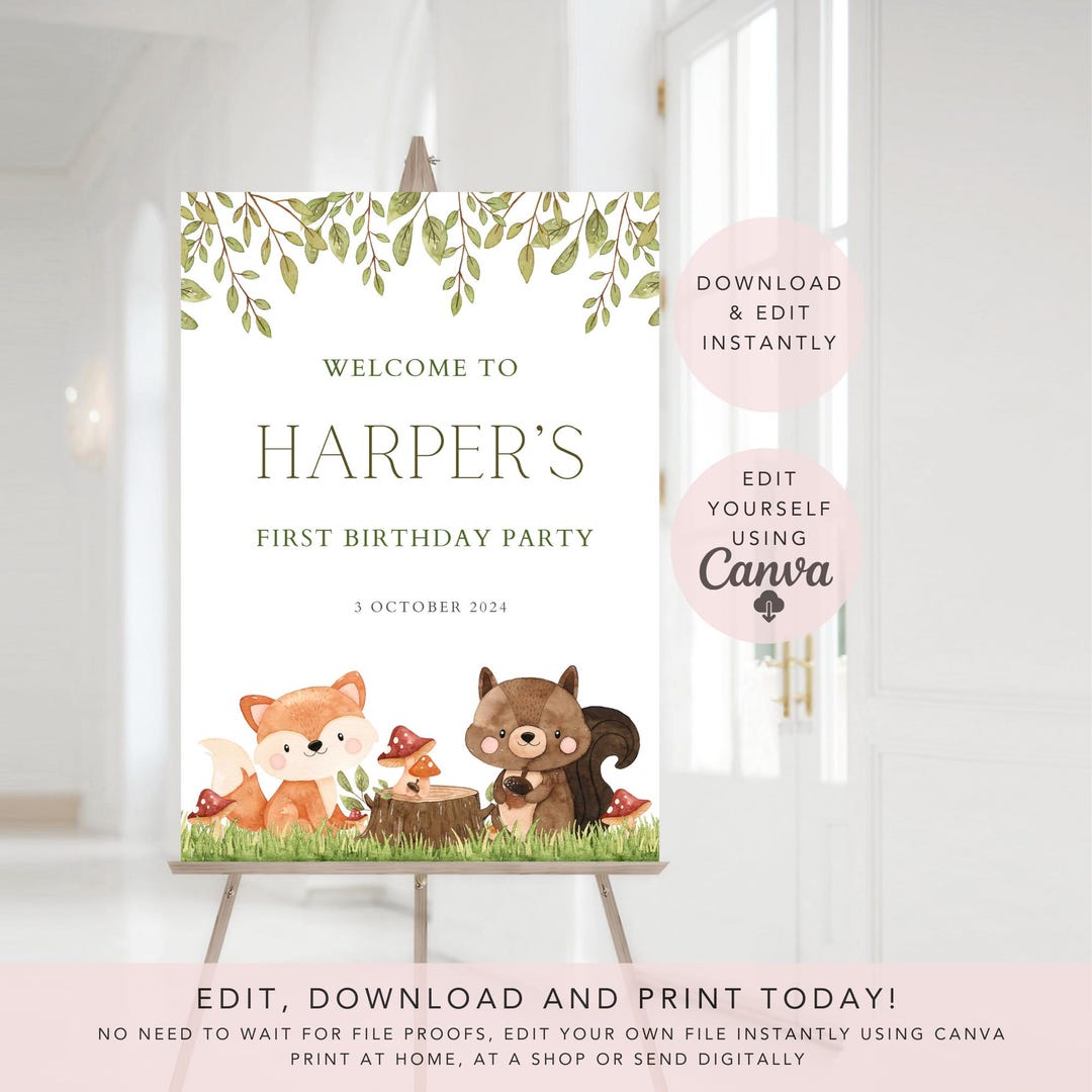 Woodland Animals Birthday Welcome Sign, Forest Animals, Woodland Party ...