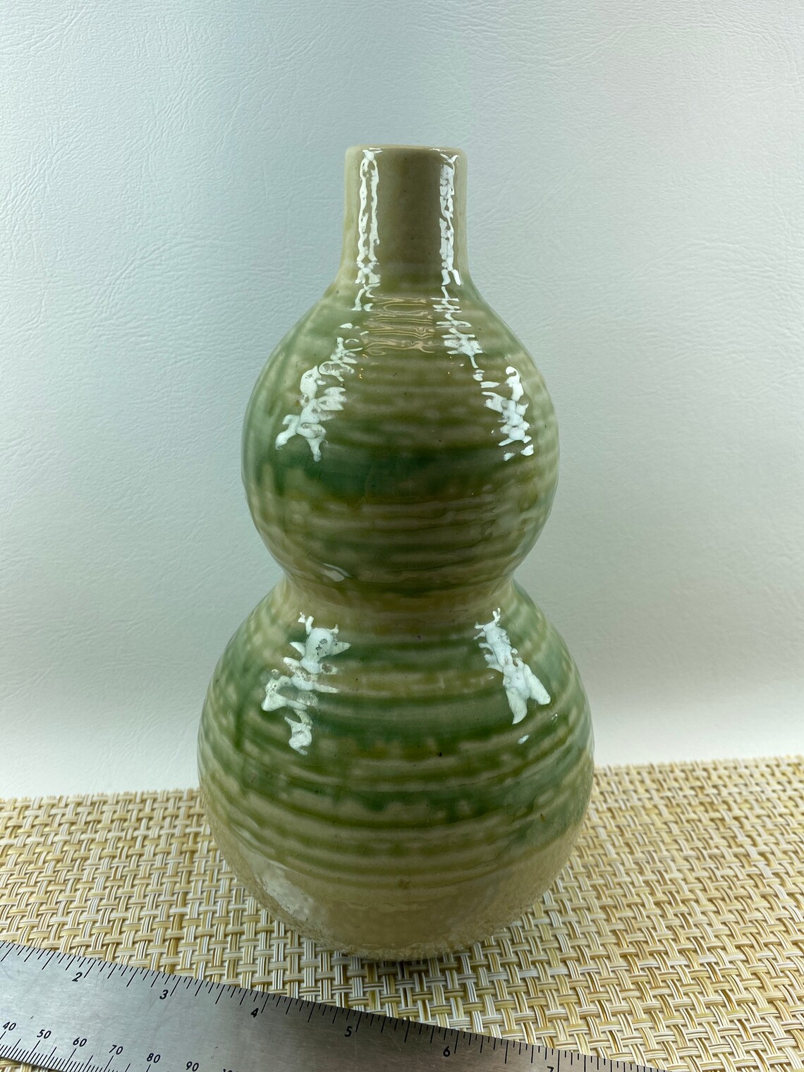 Japanese Vintage Double Gourd Pottery Vase 8.5 Inches Tall Jade Green ...