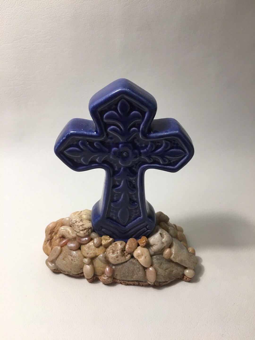 Cobalt Blue Ceramic Cross With Natural Rock and Cork Base - Etsy