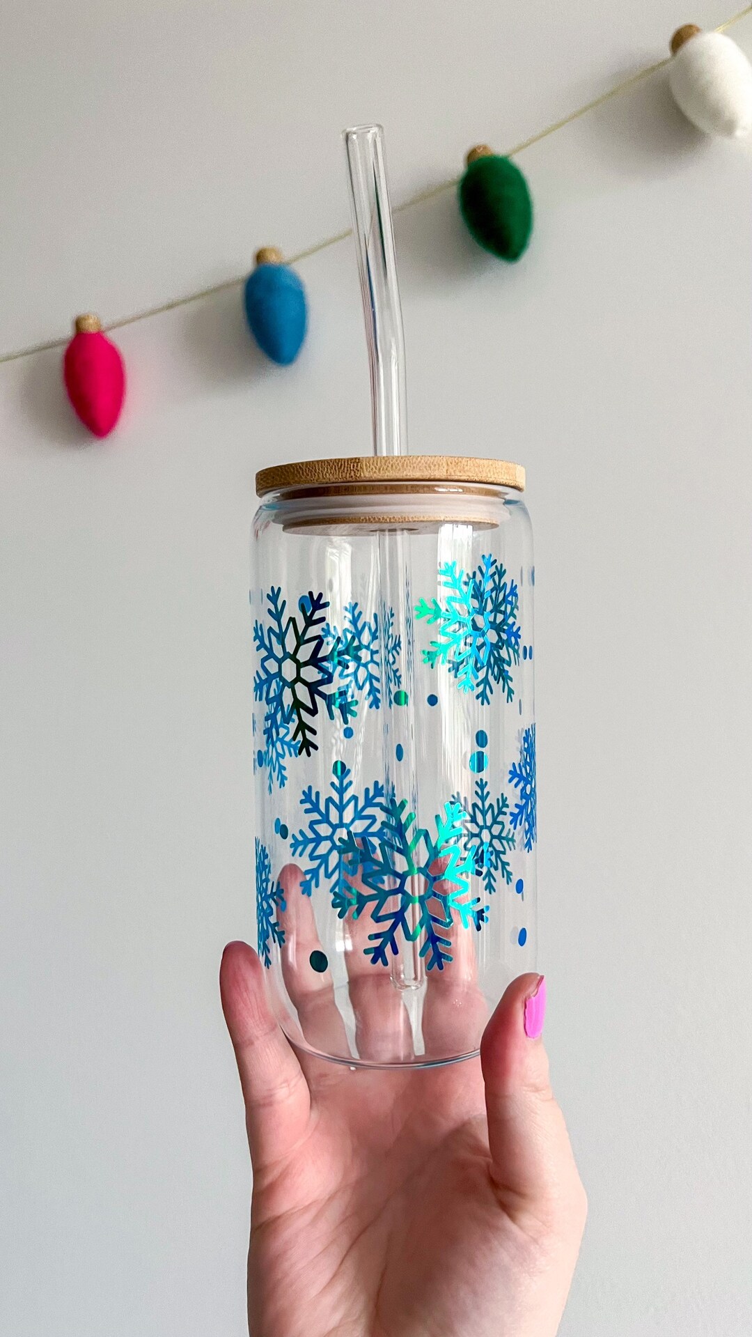 16oz Snowflake Can Glass W/ Bamboo Lid Iced Coffee Glass Soda Can Glass ...