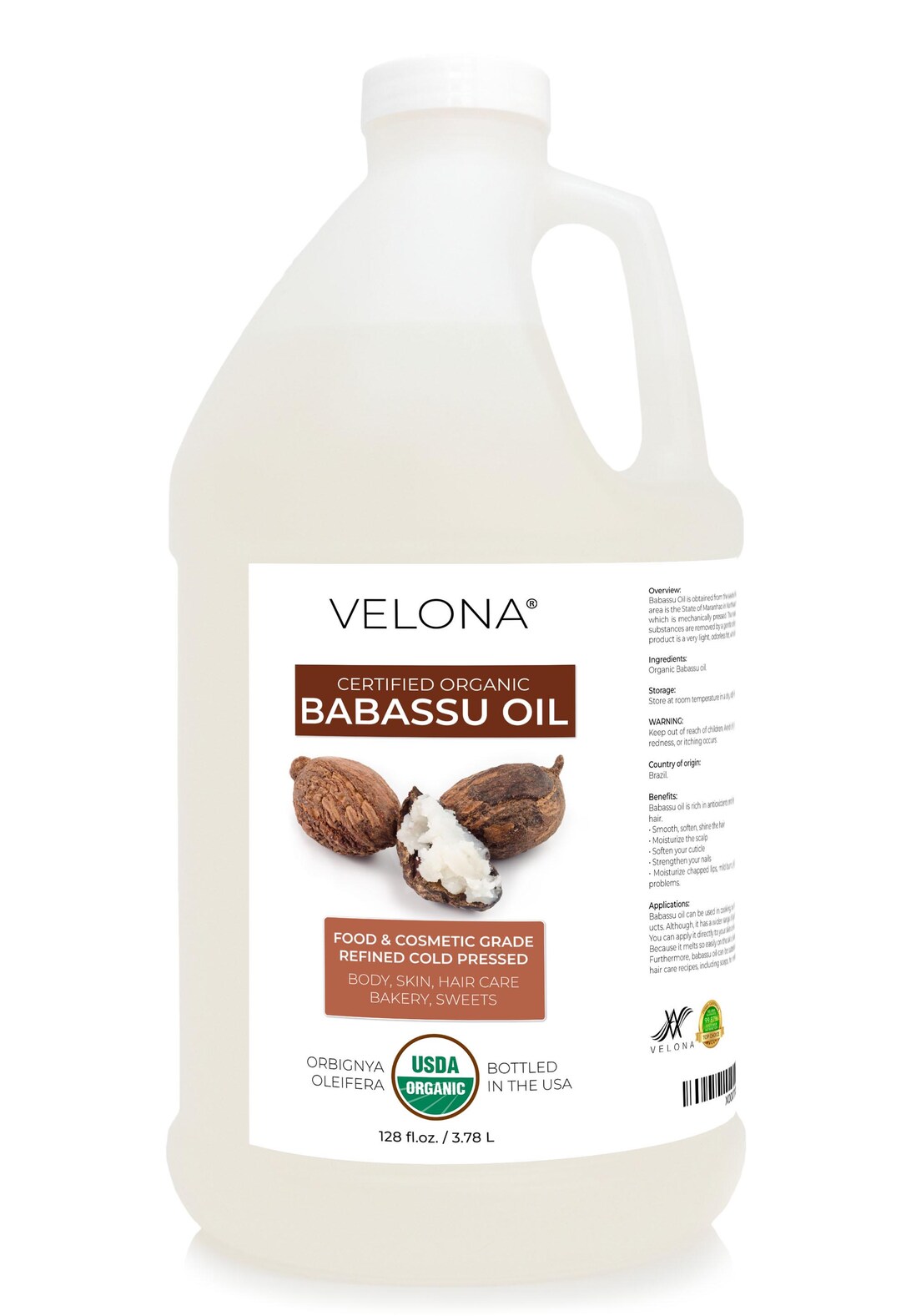 Velona Babassu Oil USDA Certified Organic - 1 Gallon/128 Fl Oz | 100% ...