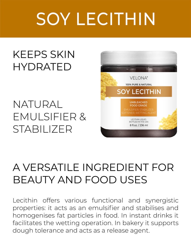 Pure Liquid Soy Lecithin by Velona - 8 Fl Oz | Food Grade | Unbleached ...